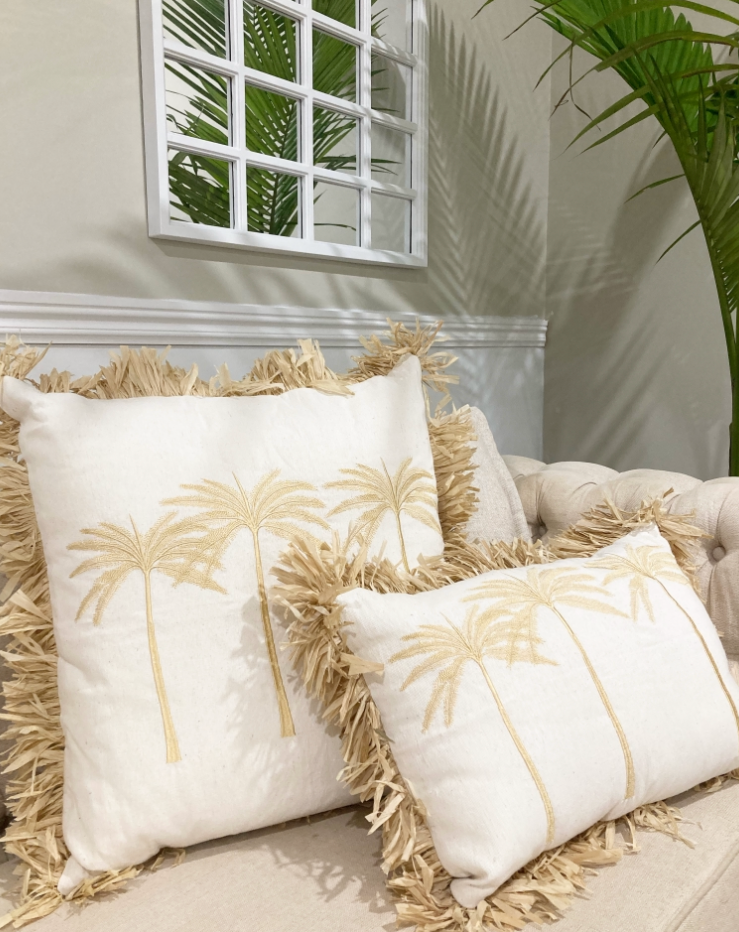 Natural Rectangle Palm Tree Raffia Edged Cushion – HAREWOOD INTERIORS